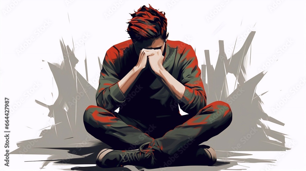 Lone man sits struggle with loneliness and solitude. Sad guy feel ...