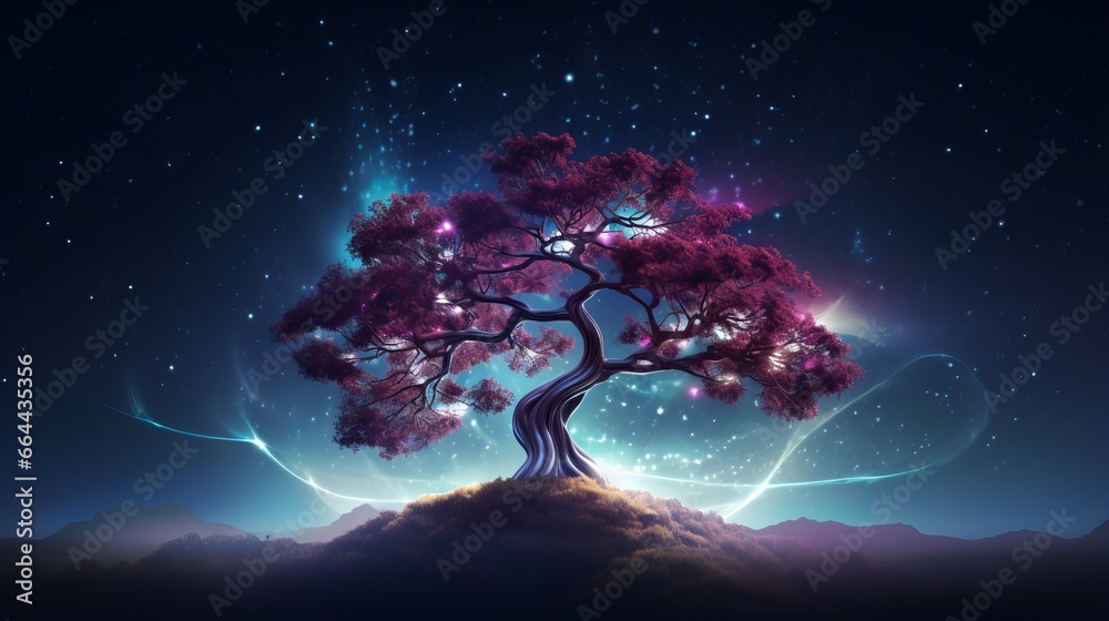 Magical tree with neon glows amidst colorful night sky illuminated by ...