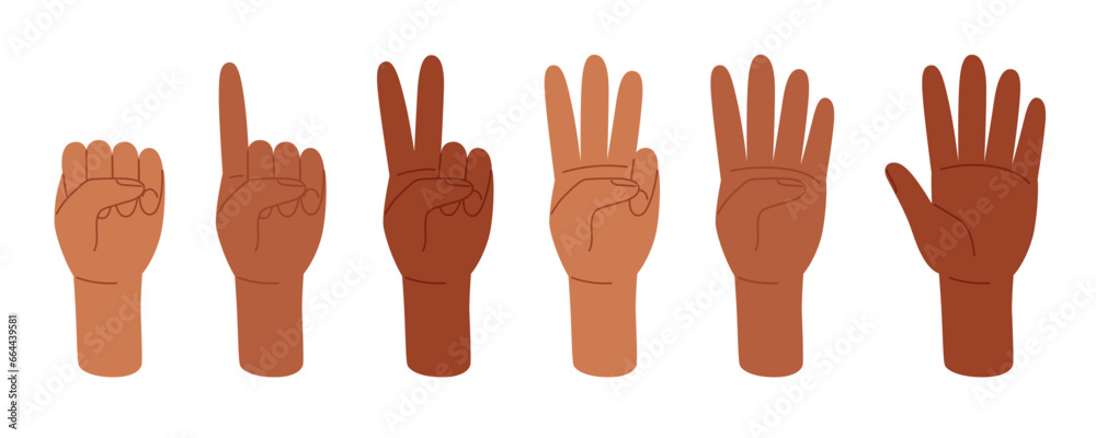 Set human hands gestures counting number zero, one, two, three, four ...