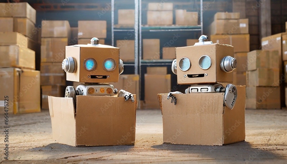Two cute smiling square headed robots with blue eyes sitting in ...