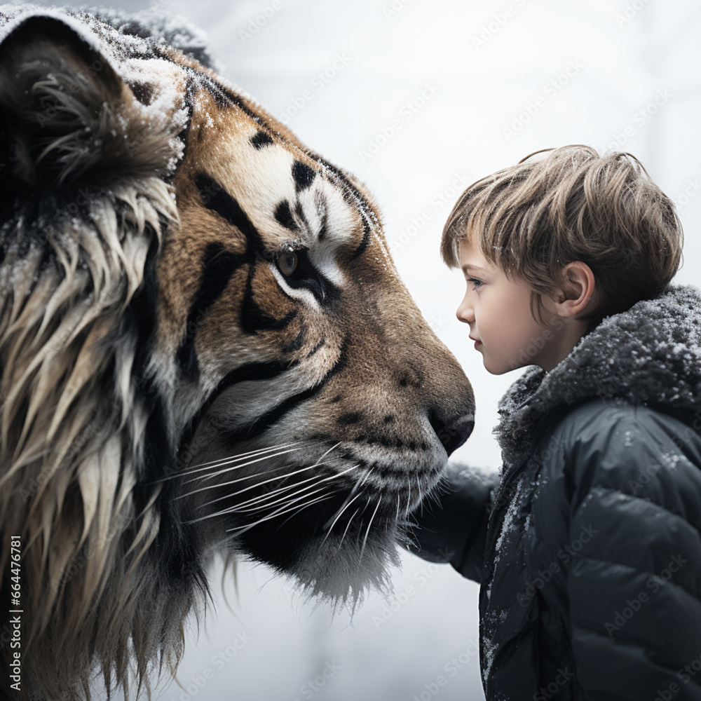 Profile of a fearless Child gently touching the face of a peacfull very ...