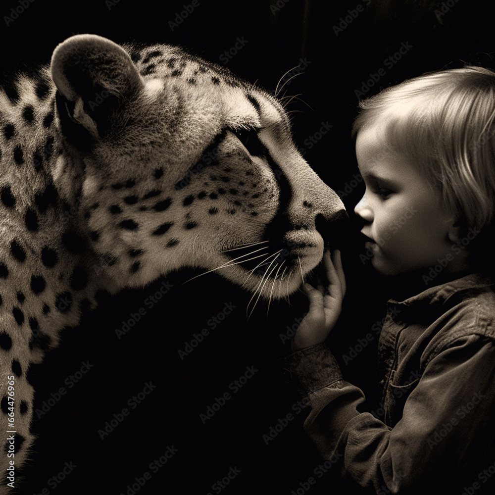 Profile of a fearless Child gently touching the face of a peacfull very ...