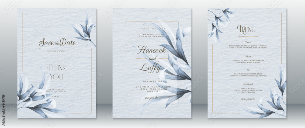 Wedding invitation card template nature leaf blue design with gold ...