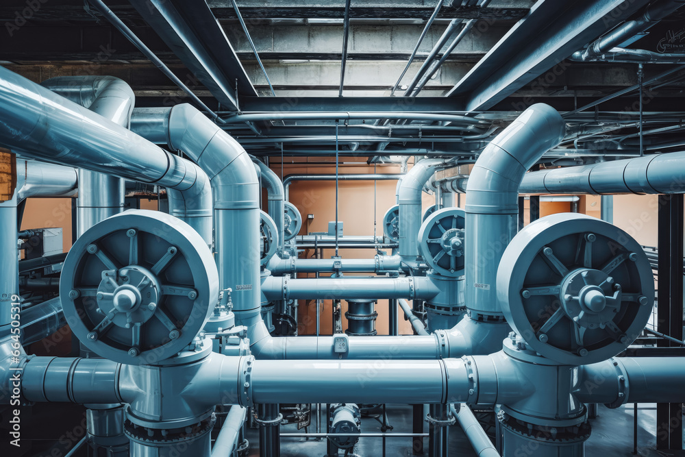 Top view of steel water piping structure with circulating pipes ...