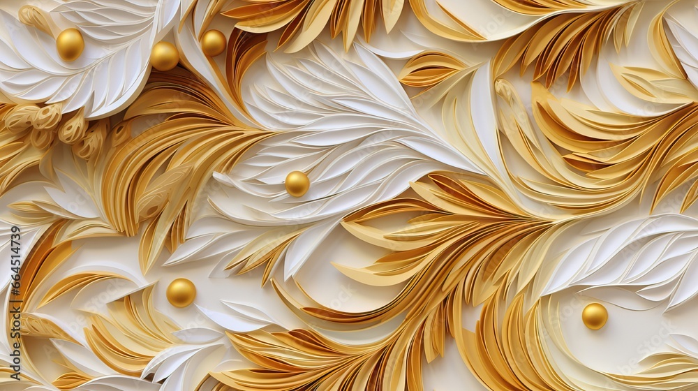 seamless pattern featuring a 3D illustration of white feathers with golden petals, resembling a ...