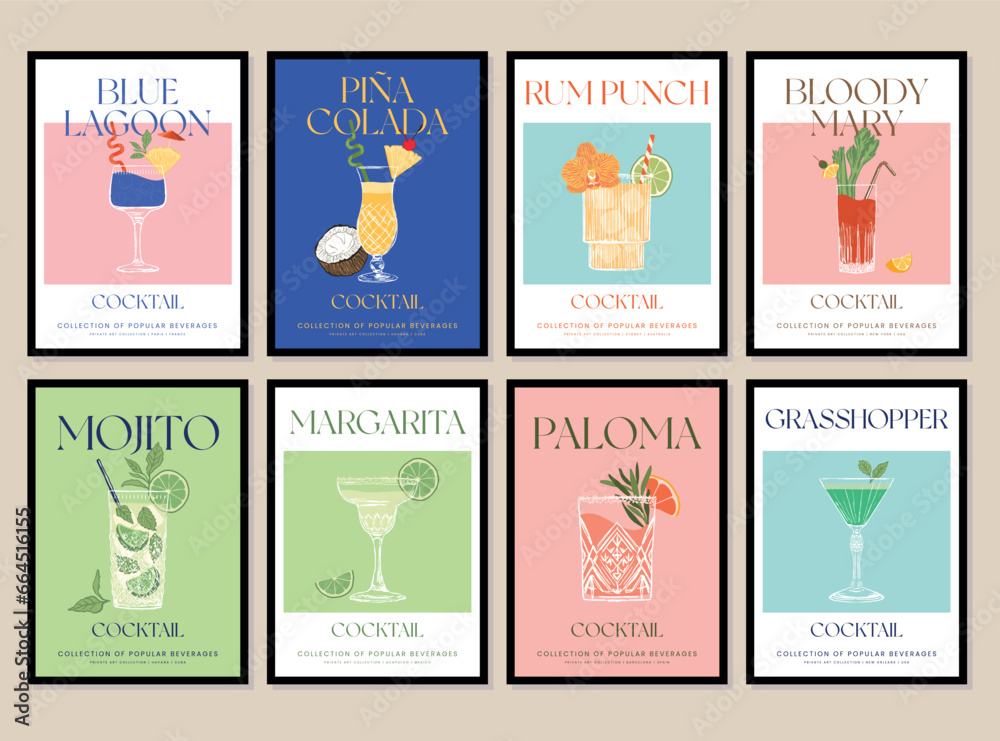 Set of printable posters of cocktail illustrations. An illustration of ...