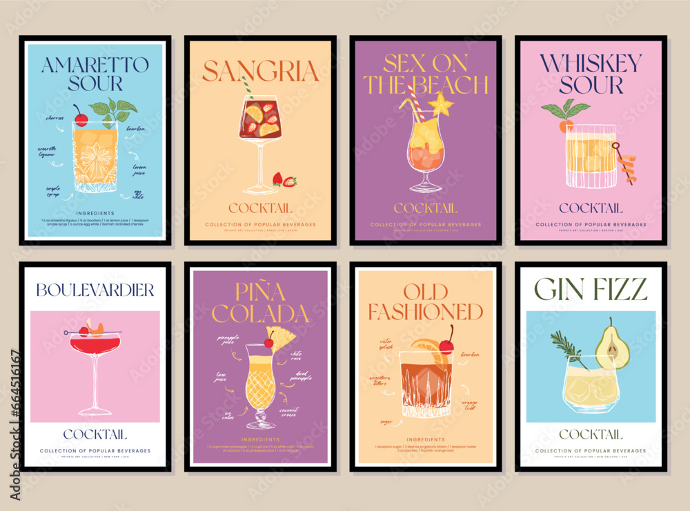 Set of printable posters of cocktail illustrations. An illustration of ...