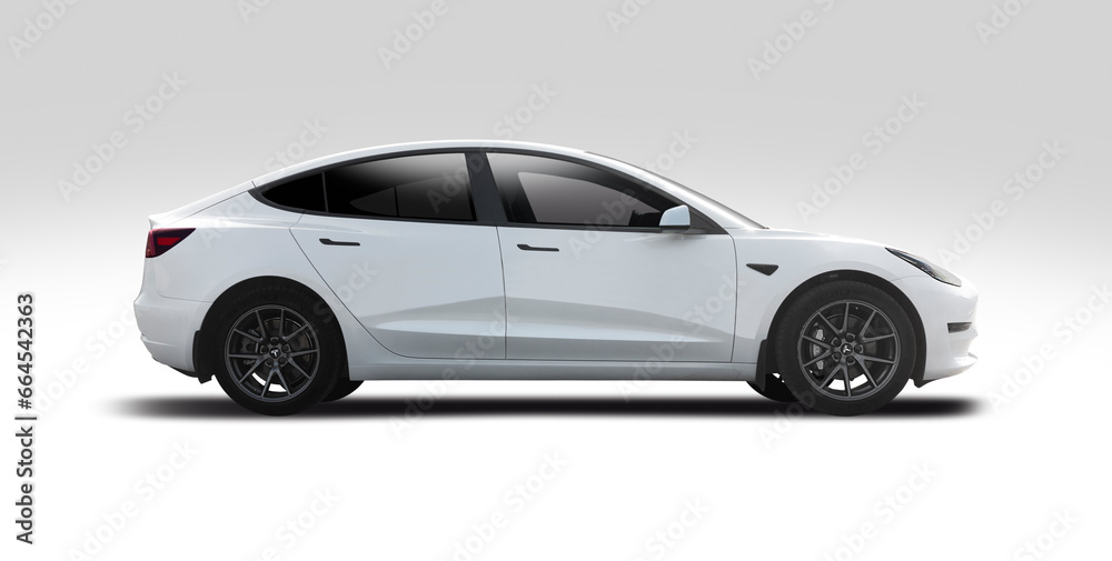 Tesla Model 3 car side view isolated on white background Stock Photo ...