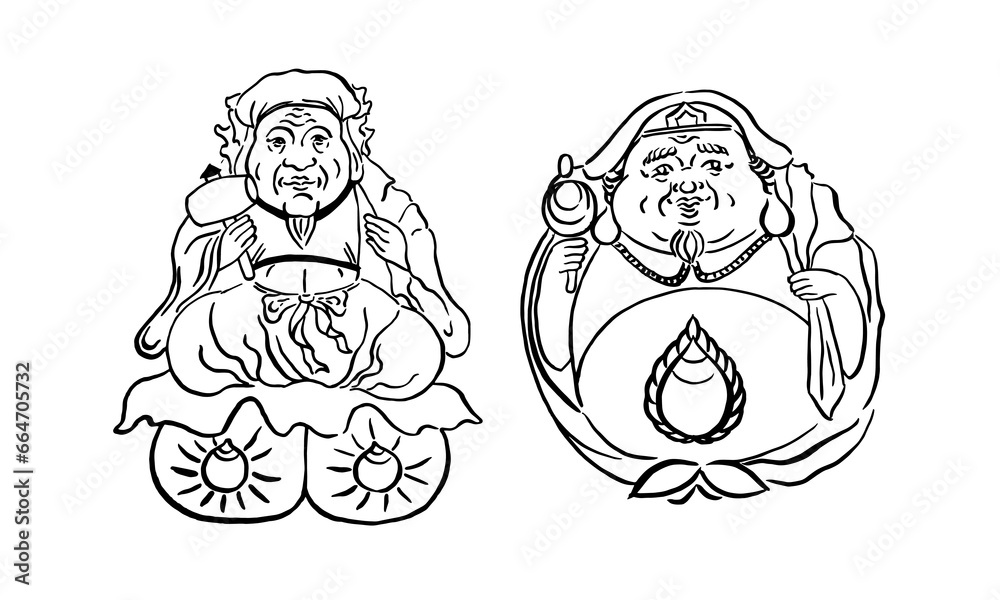 Two vector drawings of the Japanese god of wealth. Daikoku. Daikokuten ...