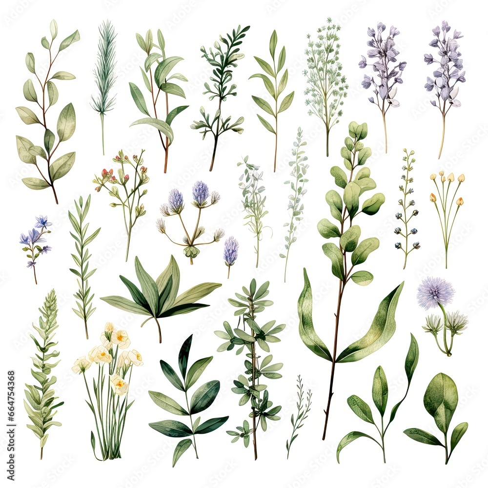 Collection of watercolor herbs clipart on white background. Stock ...