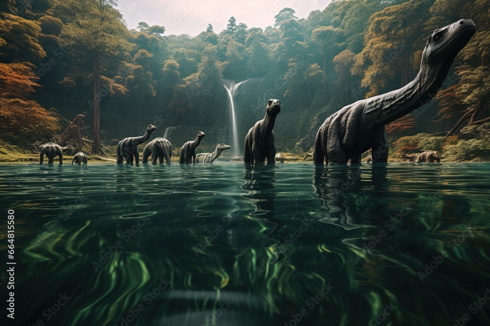 An aerial view showcases a gigantic Brachiosaurus herd wading through a ...