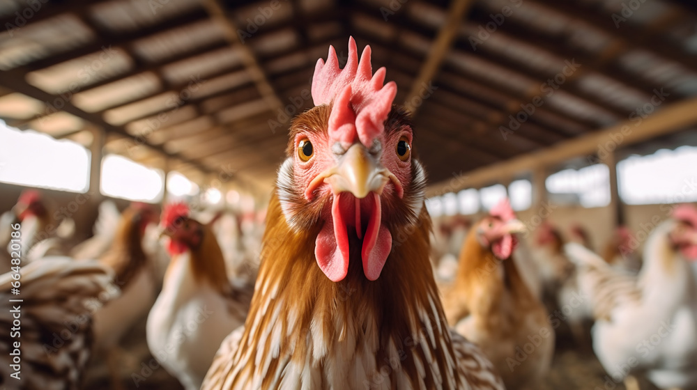 Poule dans son poulailler à la ferme, focus sur un animal avec d'autres ...