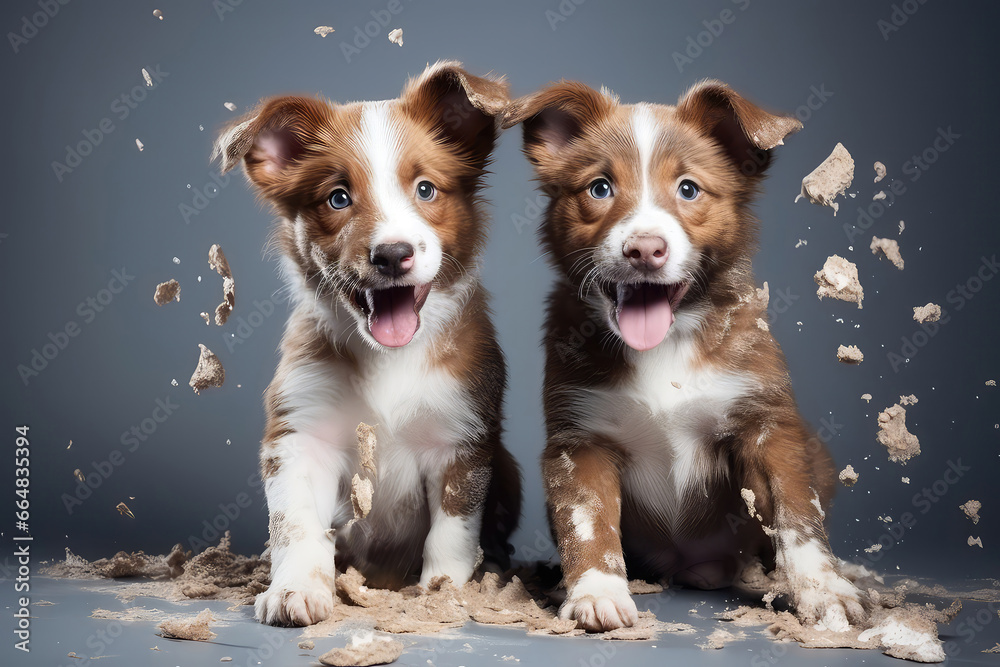 Funny Puppies Create Messy Situation. Сoncept Cute And Clumsy Puppies ...