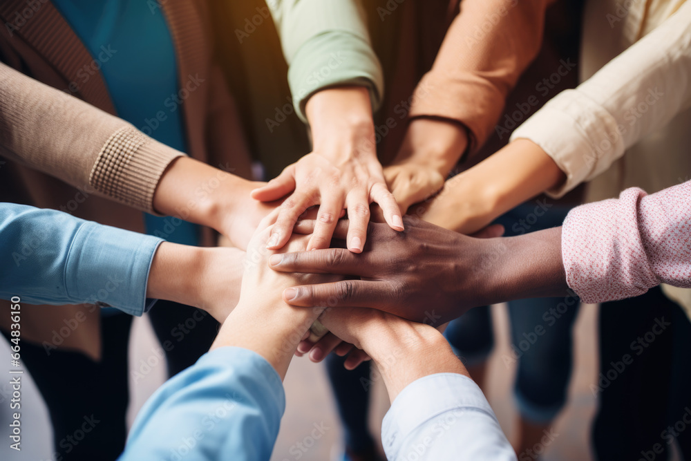 Group of mix race people joining hands together in a circle supporting ...
