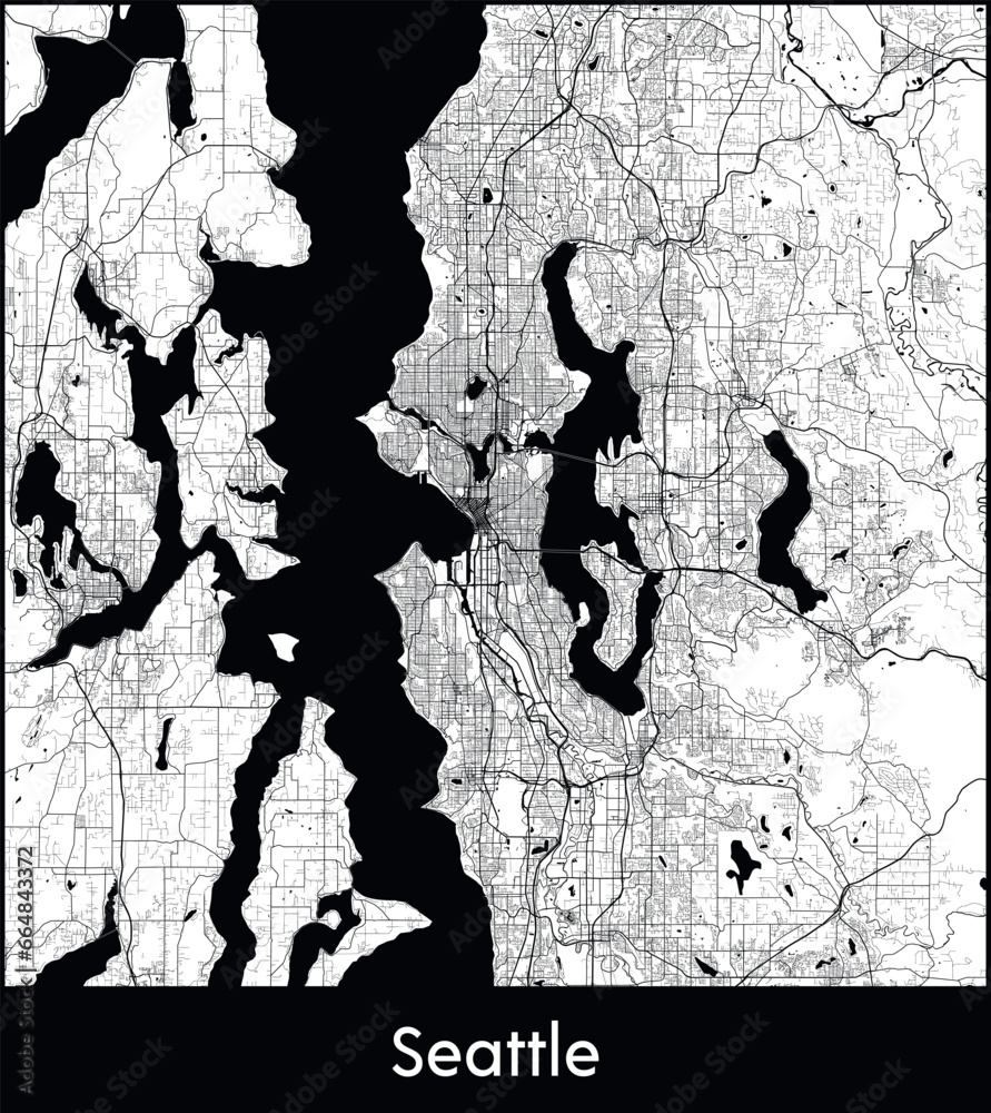 Seattle Minimal City Map (United States, North America) black white ...
