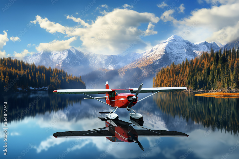 Bask in nature's grandeur, where a seaplane floats on an alpine lake ...