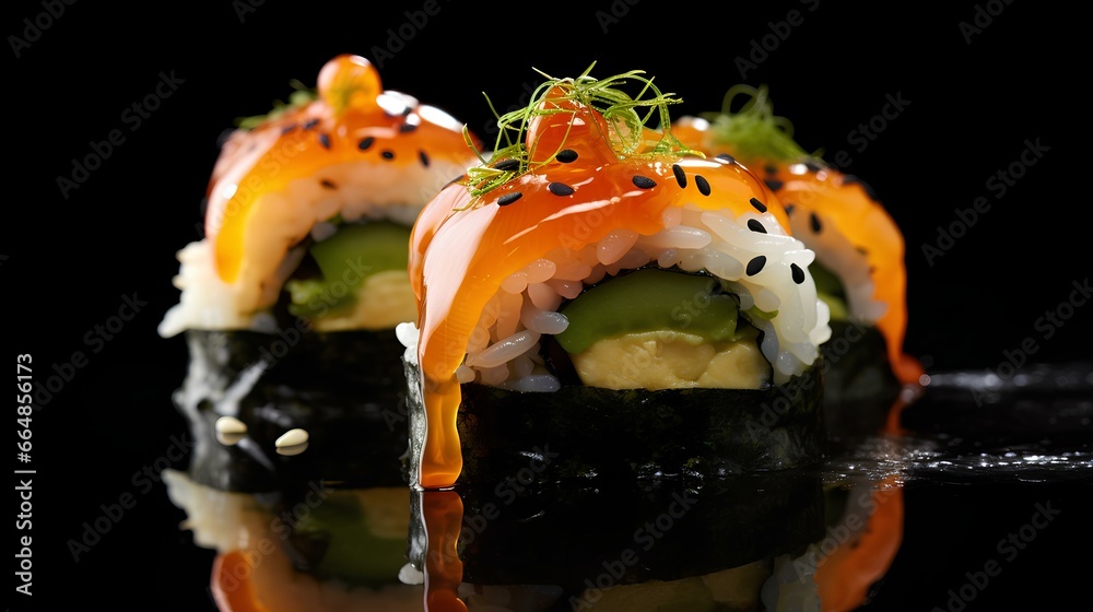 Japanese Volcano Sushi Roll with sesame seeds and hiyashi wakame chukka ...
