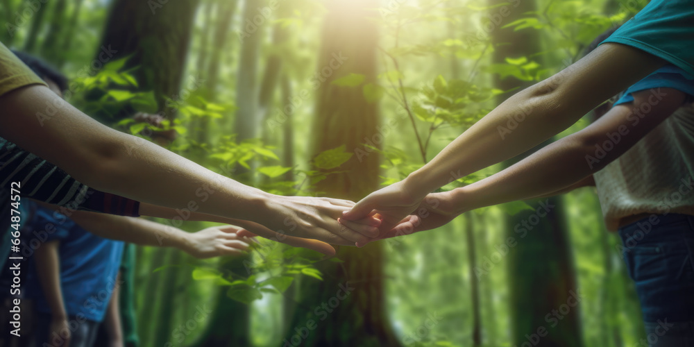 A group of young ecologists and naturalists joining hands together in ...