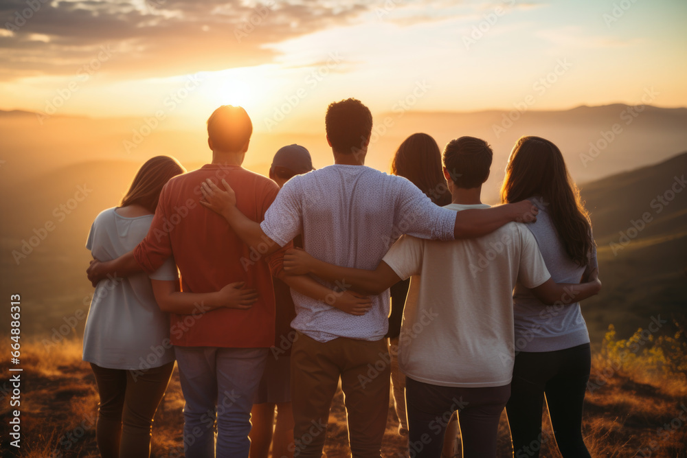 Group of mix race people hugging each other in the meadow supporting ...