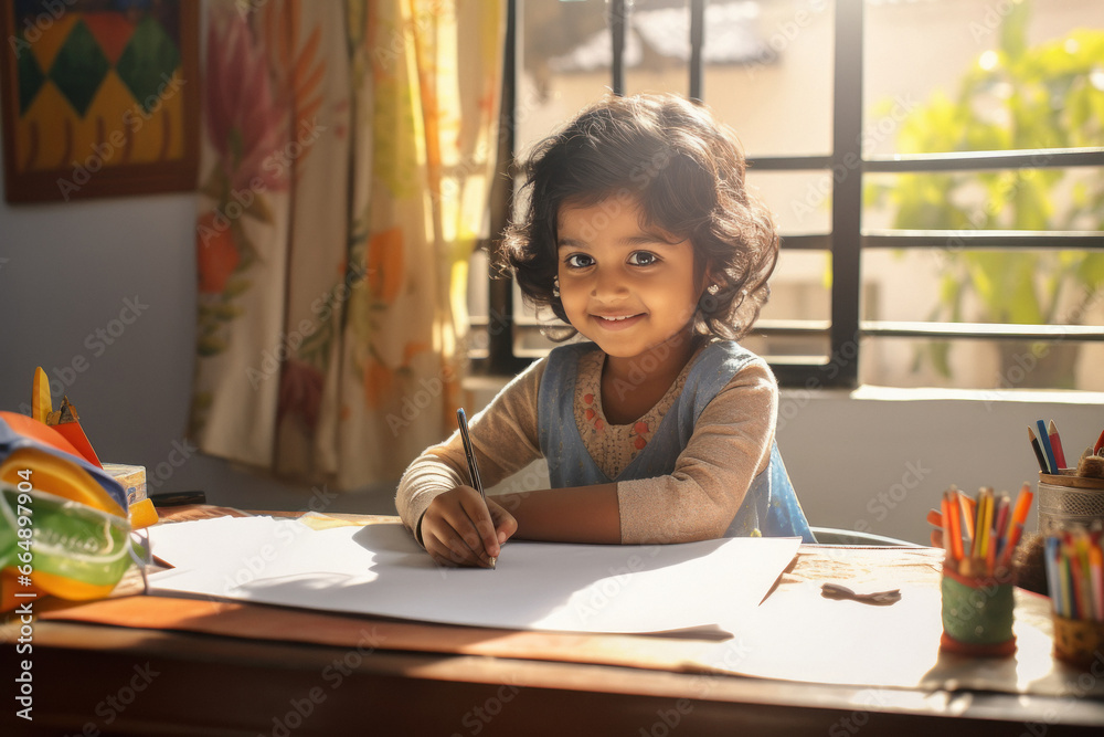 Indian little girl doing drawing homework at home Stock Photo | Adobe Stock