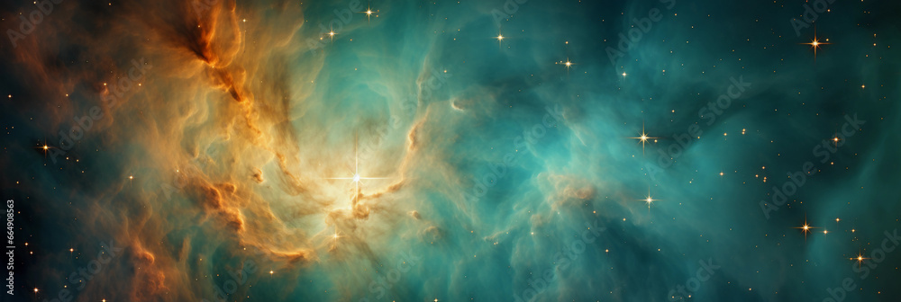 Orion Nebula in full bloom, bright core and wispy outer edges, teal and ...