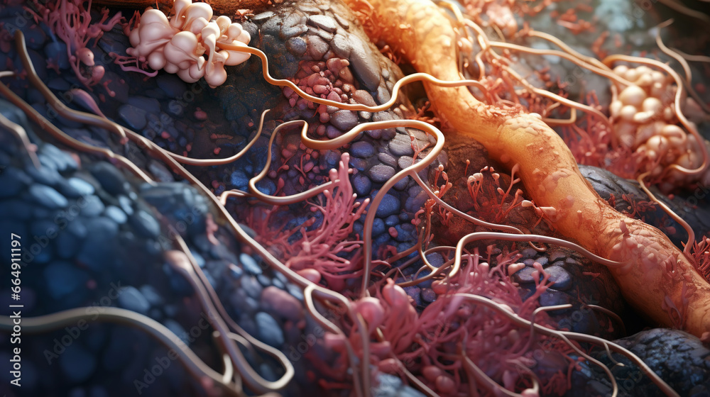 Closeup of structure of microbiotic flora of human body. Microscopic ...