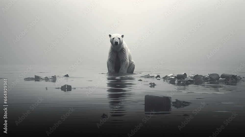 Puzzled polar bear stands in desolate gray world of melted ice, plastic ...