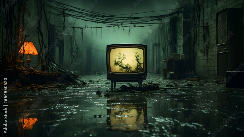 Eerie Nostalgia: Retro Television on a Dark Floor, Haunting Visuals ...