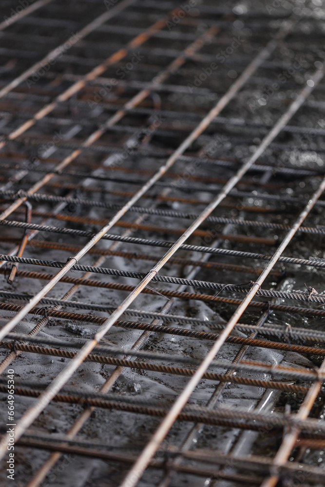 Closeup reinforced concrete structures, knitting of metal reinforcing ...