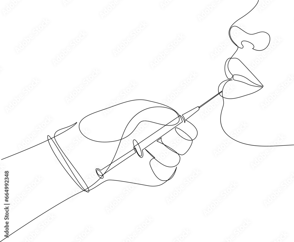 Continuous line drawing of beauty shot in lips. Gloved hand holding ...