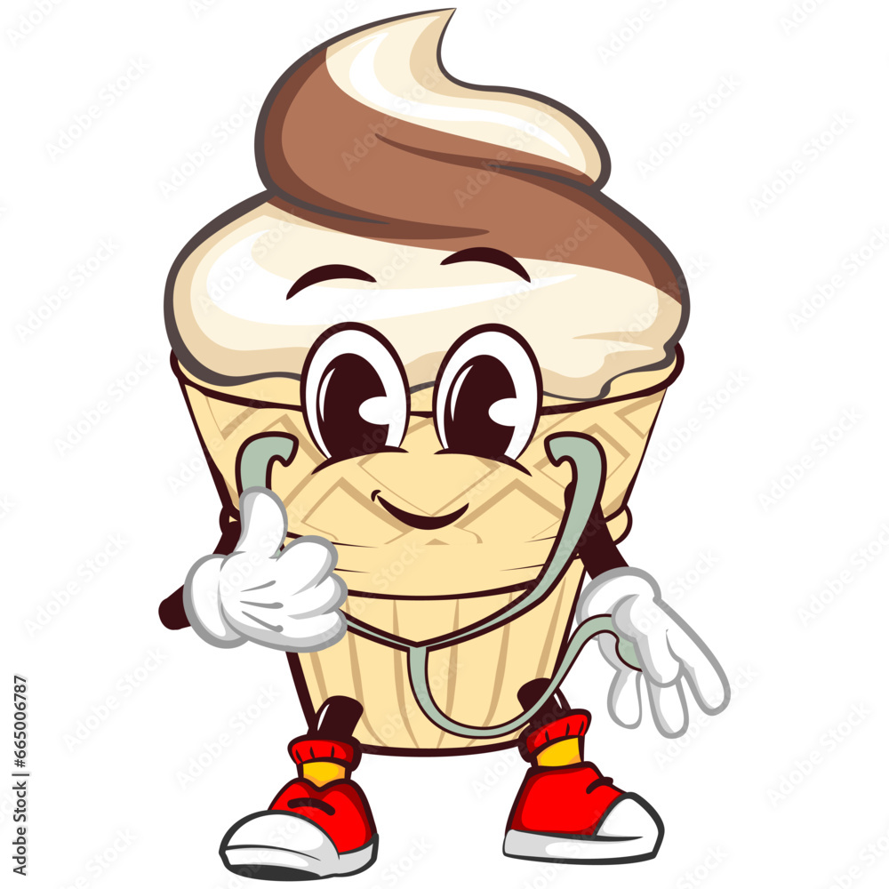 Ice cream character mascot with funny face of doctor with stethoscope ...