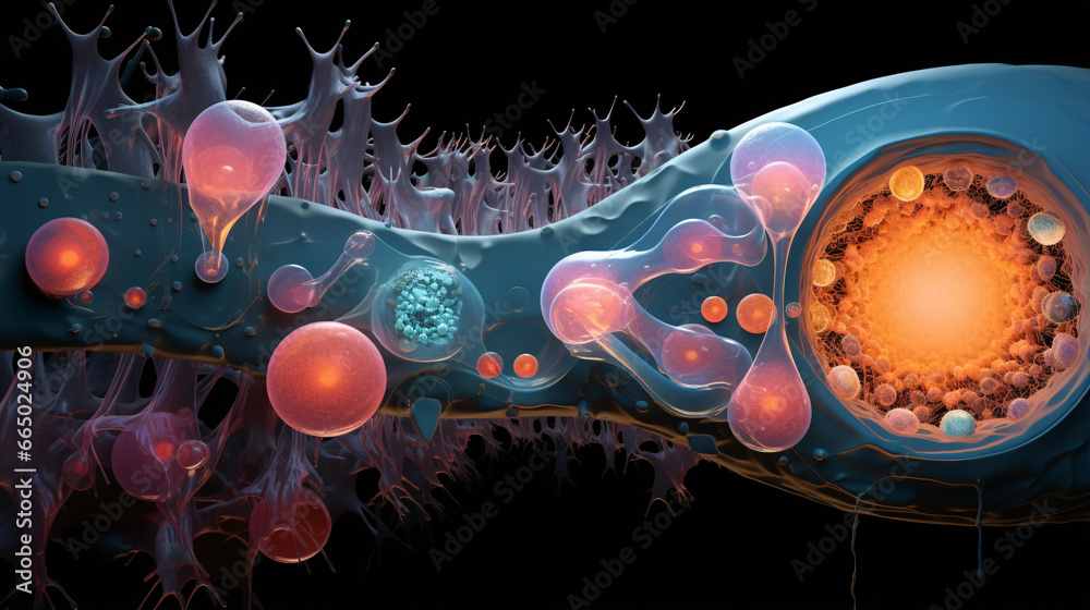 This 3D render highlights the nucleus, organelles, and plasma membrane ...