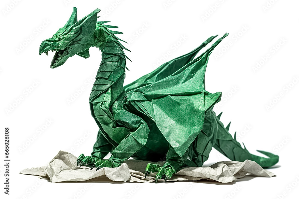 Full-length green paper dragon isolated on white background. A green ...