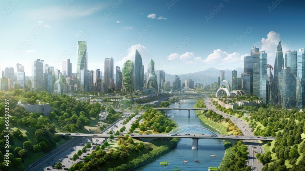 Futuristic sustainable green city, concept of city of the future based ...