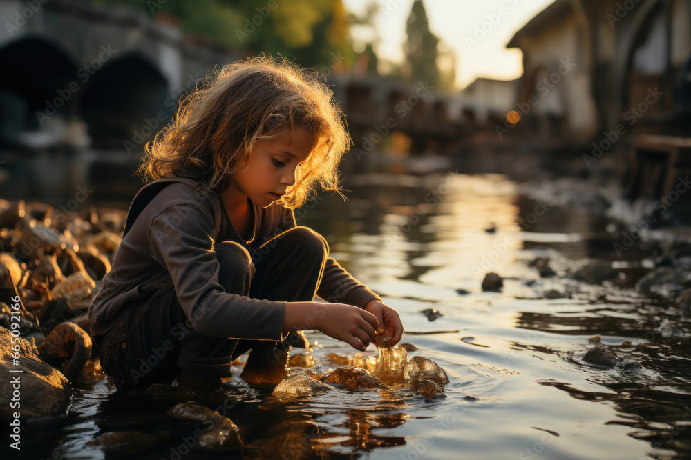A child drinking contaminated water from a polluted river, highlighting ...