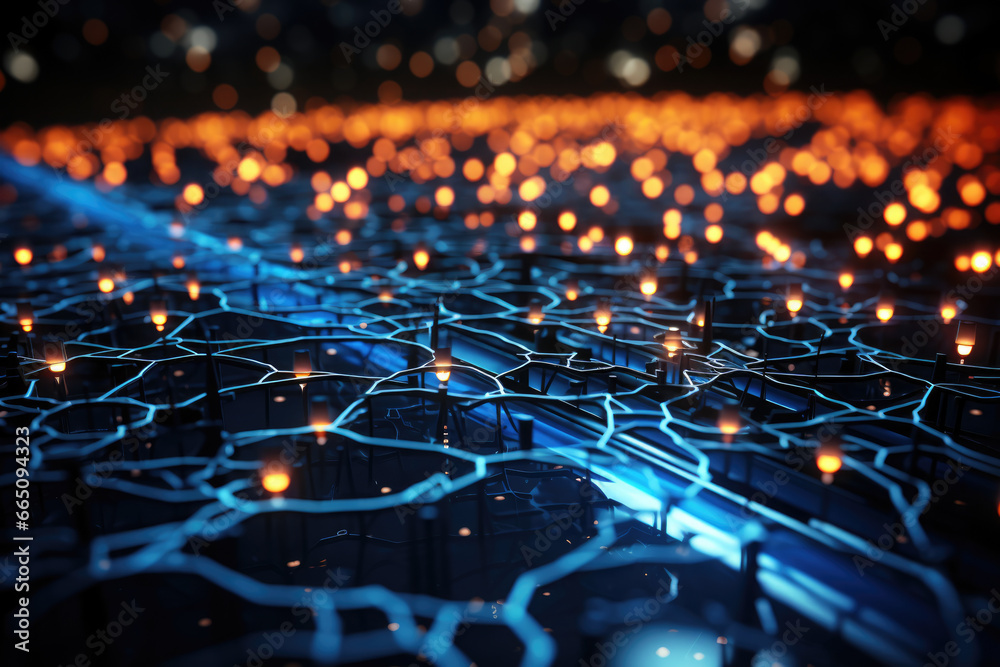 A network of electrons flowing through conductive pathways, powering ...