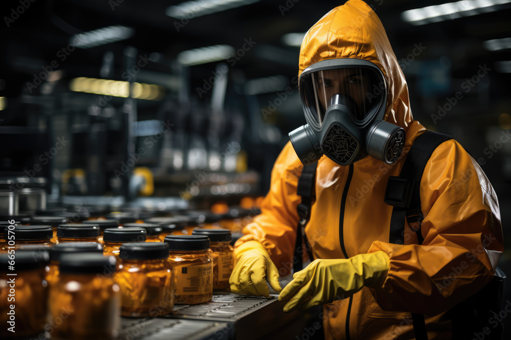A distribution center worker wearing personal protective equipment ...
