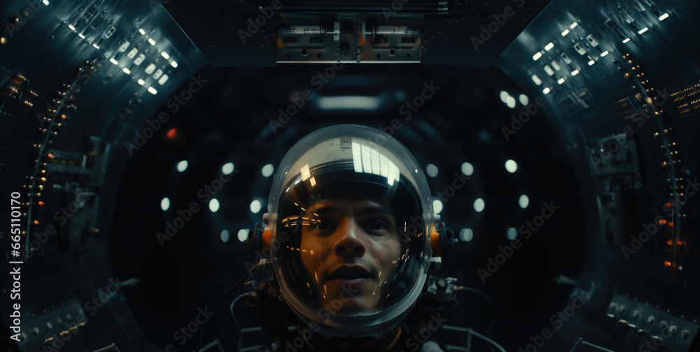 Intense gaze of an astronaut inside a technologically advanced ...