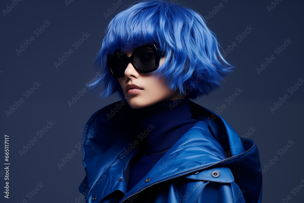 Stylish female figure with intense electric blue hair that flows like a ...