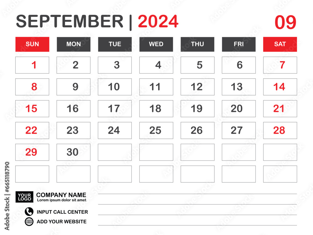 Calendar 2024 template, September 2024 layout, Desk calendar 2024 year ...