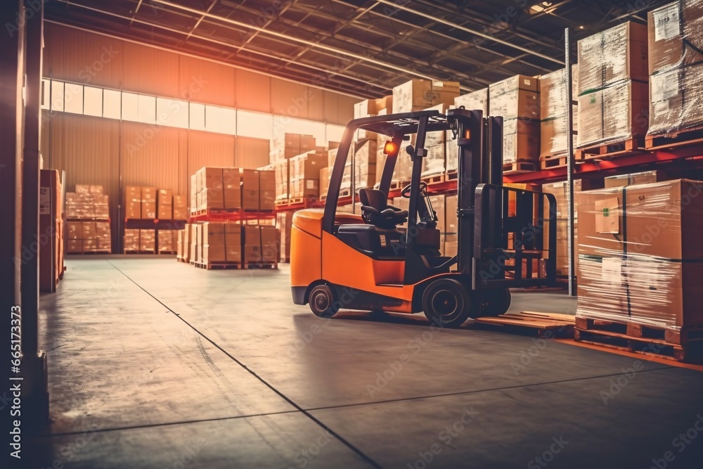 Forklift loader in warehouse. Distribution warehouse. Industrial ...