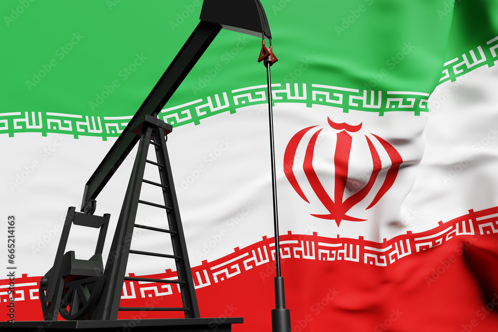 Crude oil pump jack miniature model in front of the national flag of ...