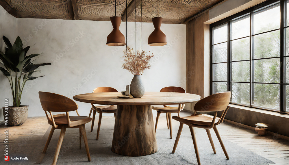 Chairs around rustic round wood dining table. Japandi interior design ...