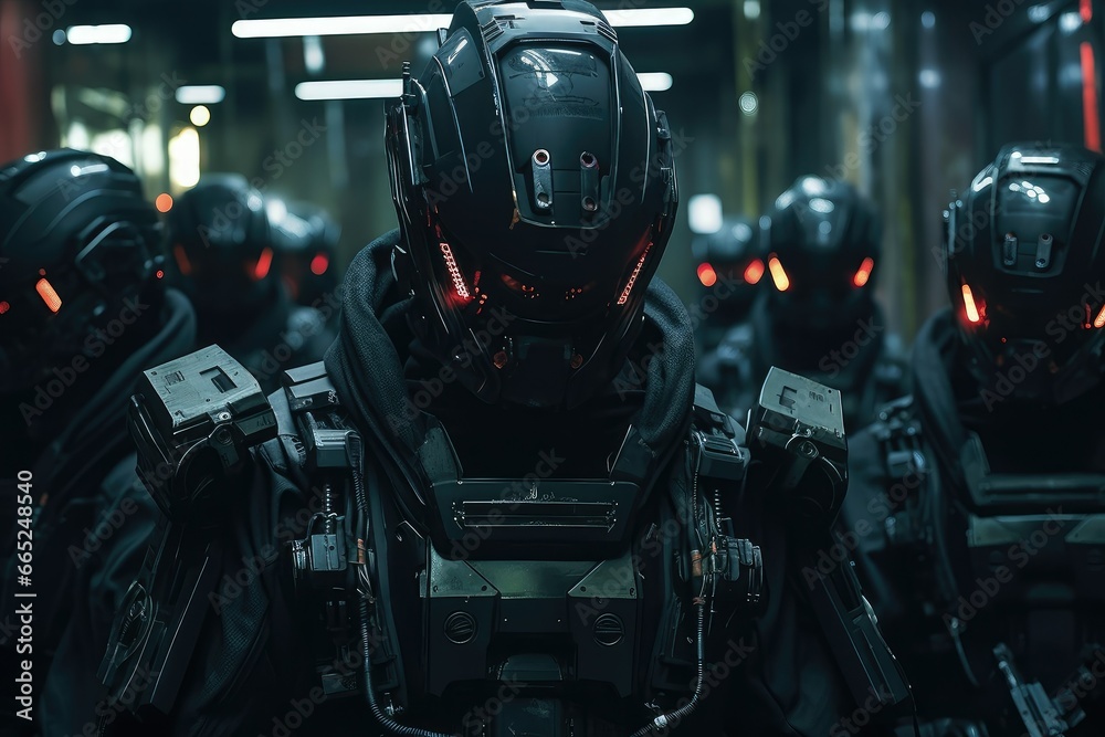 Group of security guard with bulletproof vest in action, cyborg armed ...