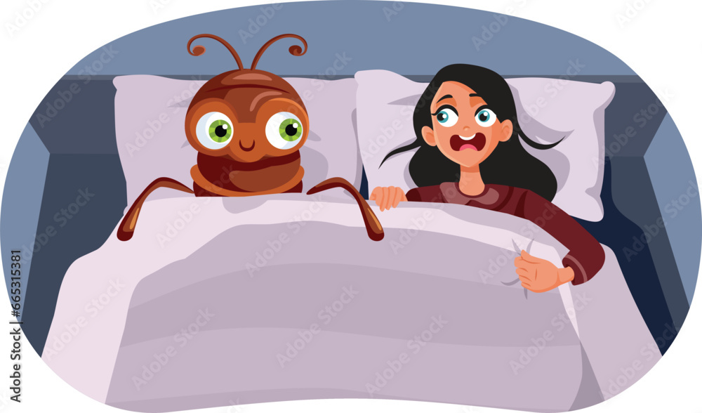 Scared Woman Resting Next to a Giant Bed Bug Vector Cartoon. Girl in a ...