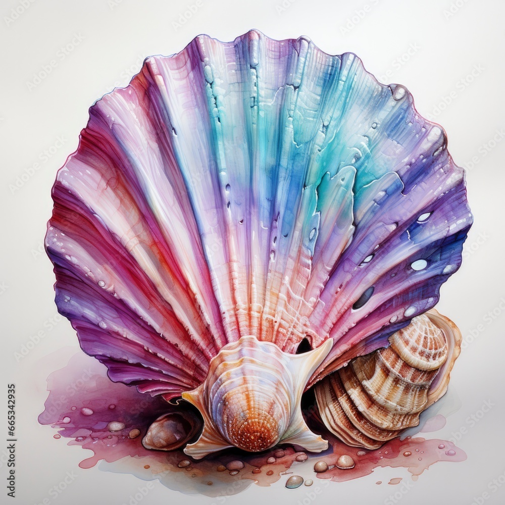 Watercolor Seashell clipart on white background. Stock Illustration ...