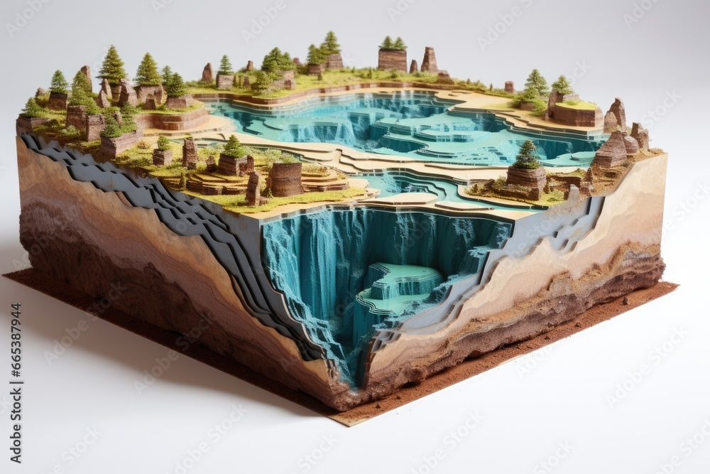 3D model cross section of land and river See the soil layers, rock ...