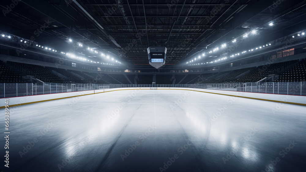 Majestic ice rink arena illuminated by radiant beams, showcasing vast ...