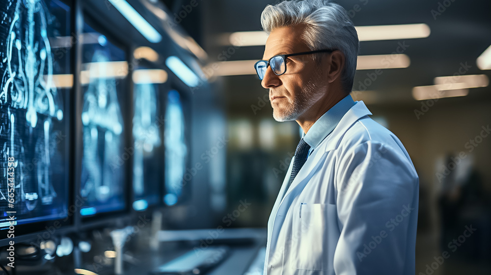 In a medical laboratory, a doctor oversees the procedure and monitors ...