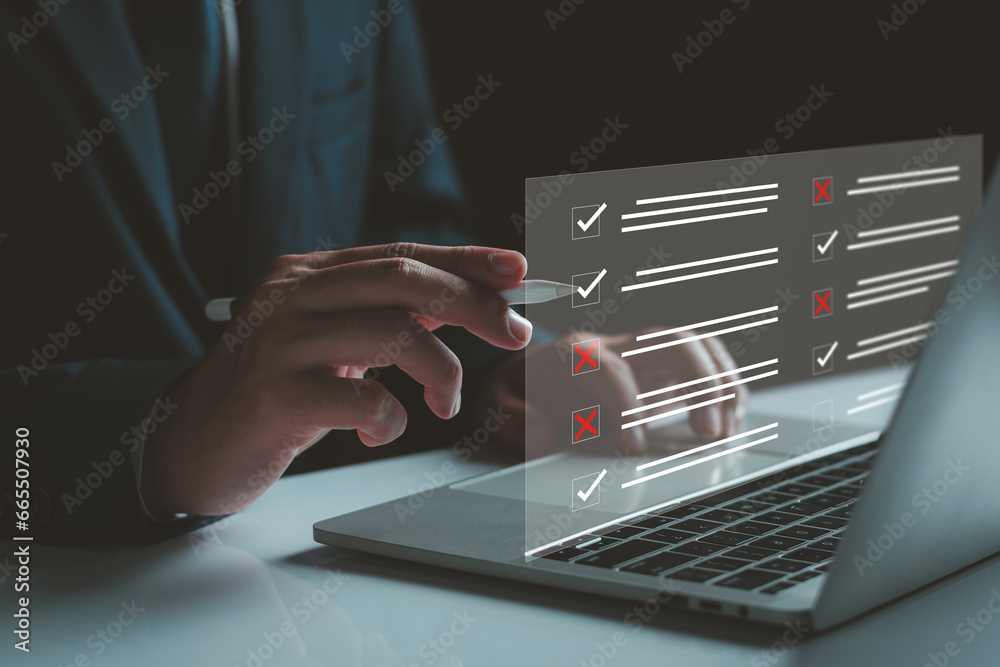 Check list concept. Businessman tick off questionnaire, survey, test ...